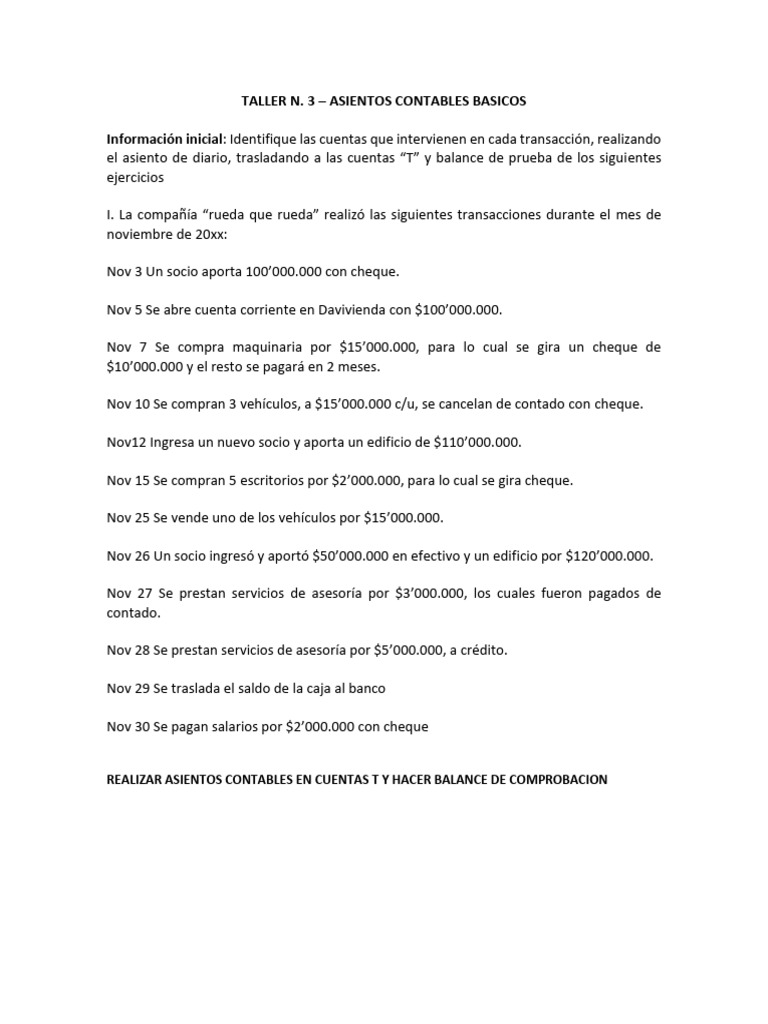 Taller N. 3 Asientos Contables Basicos | PDF
