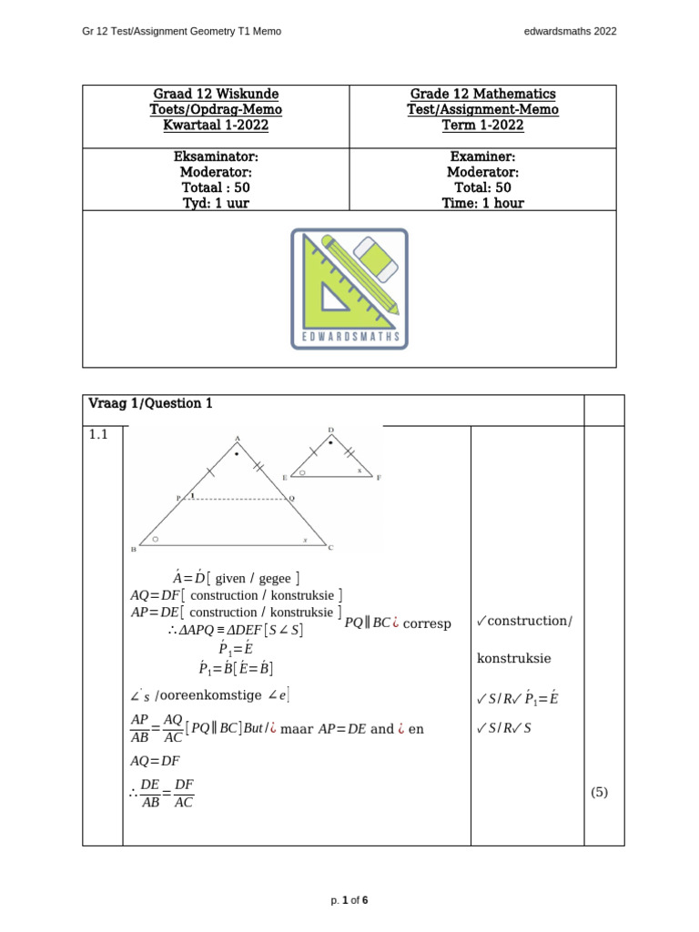 Gr 12 Edwardsmaths Test or Assignment Geometry T1 2022 Memo | PDF ...
