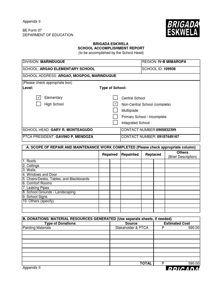 Mogpog District Brigada Eskwela Form 07 | PDF | Non Governmental ...