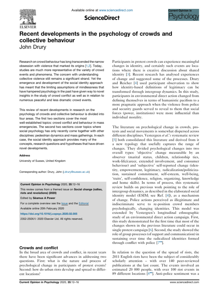 Drury recent developments in psych of crowds and collective behavior | PDF | Psychology | Social ...