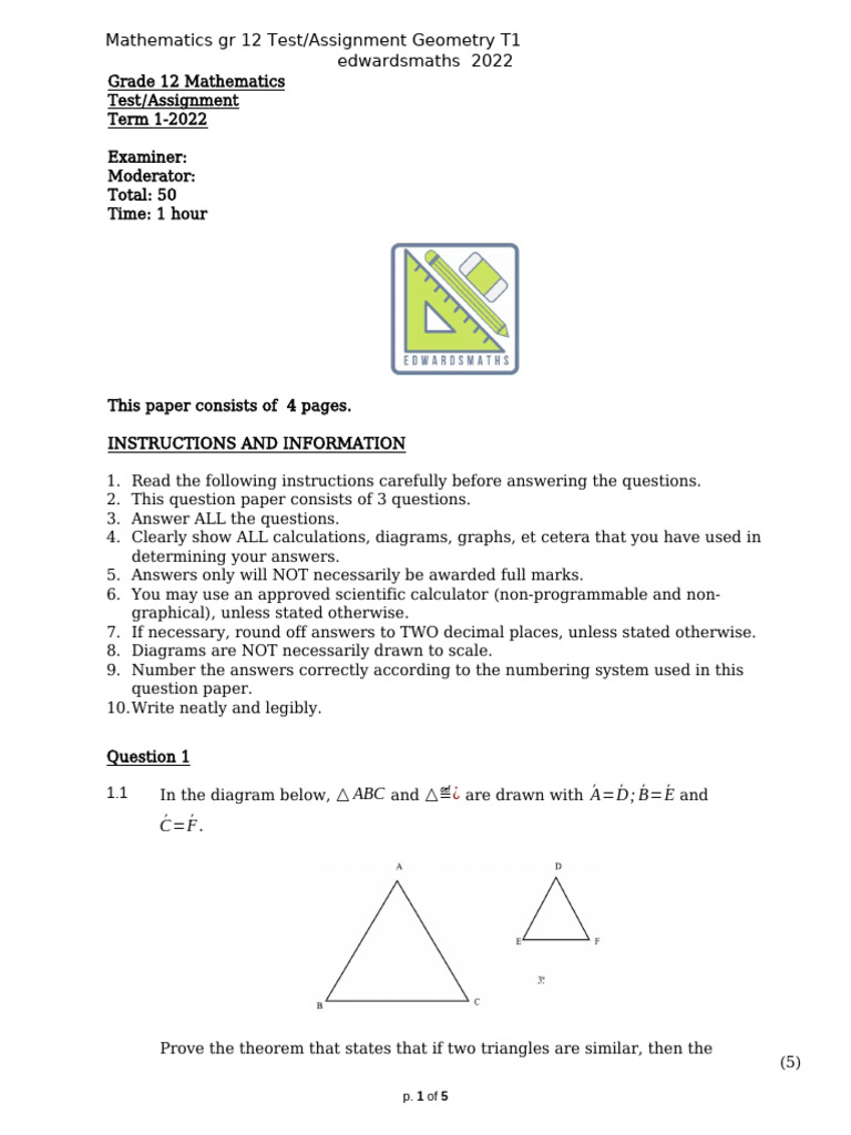 GR 12 Edwardsmaths Test or Assignment Geometry T1 2022 Eng | PDF ...