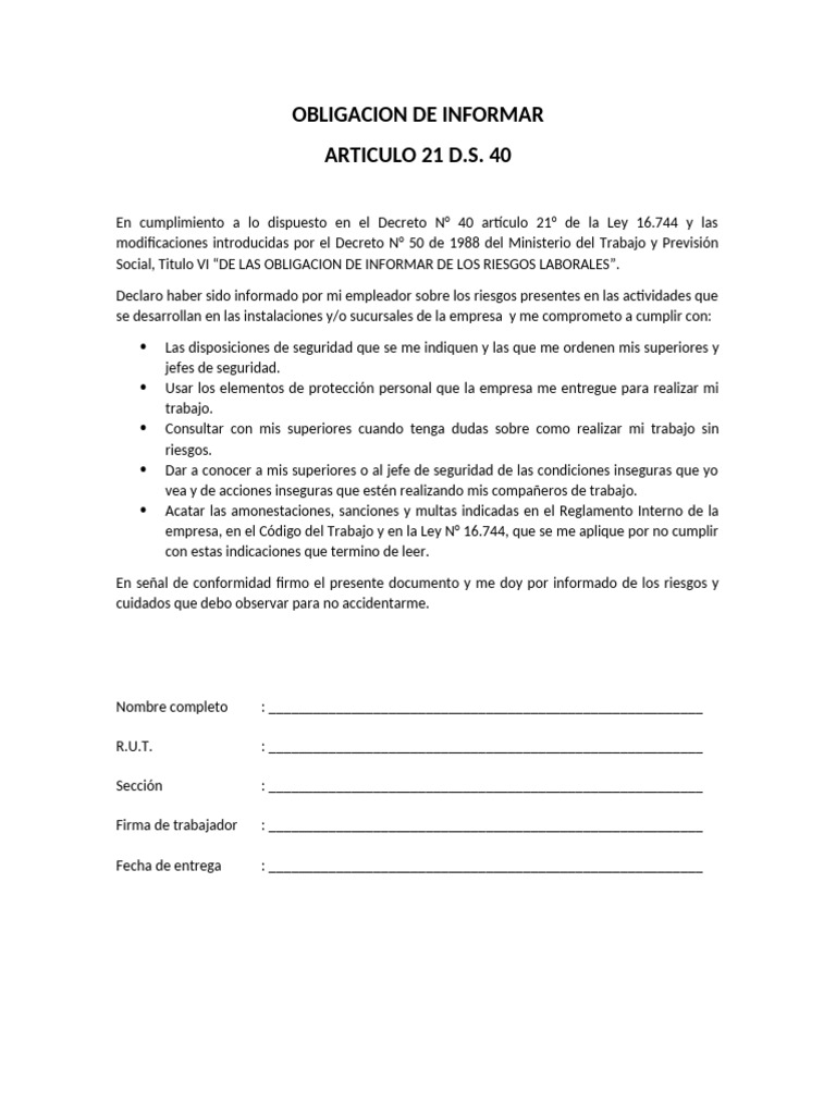 Obligación de Informar Riesgos Laborales | PDF
