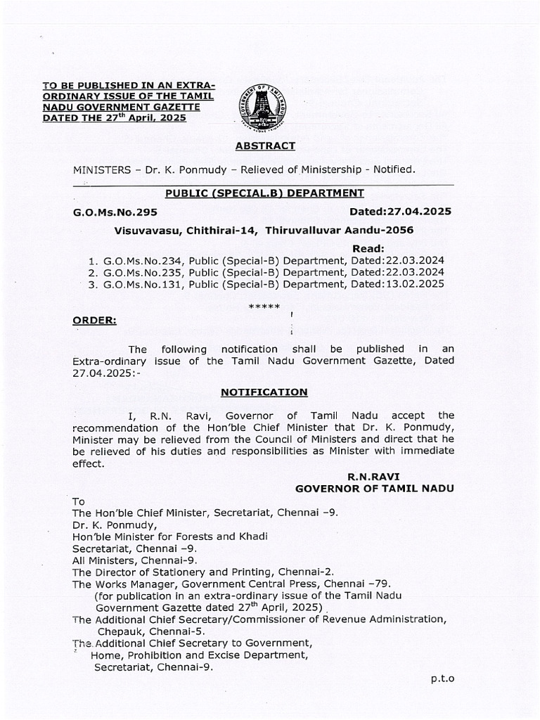 Go MS No-295 Public (SPL.B) Dated-27.04.2025 | PDF
