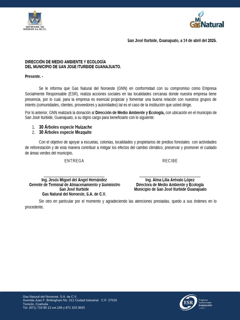 Modelo Oficio Entrega Apoyos GNN DONACION DE ARBOLES | PDF