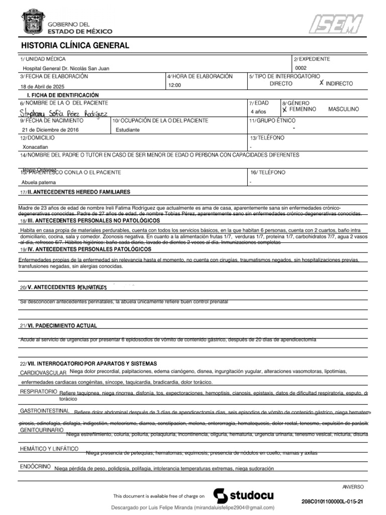 Historia Clinica ISEM FORMATO 3 | PDF | Síntomas y signos ...