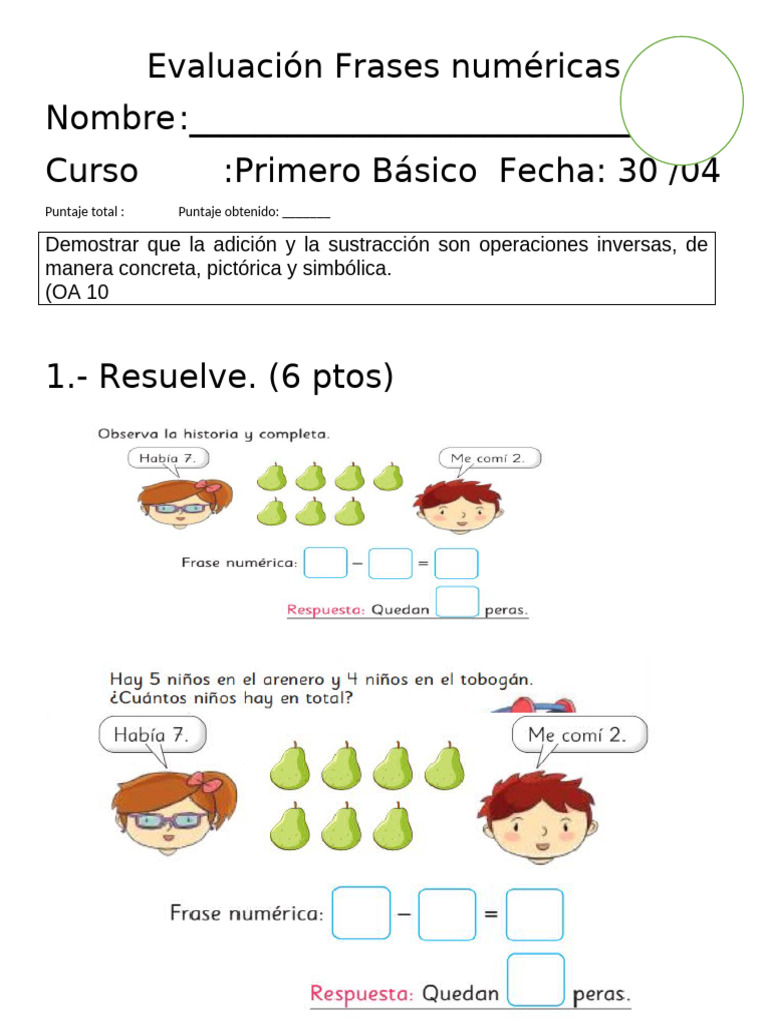 Evaluación Frases Numéricas Adecuada | PDF