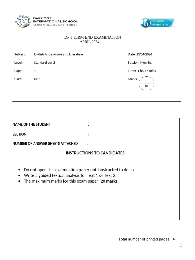 DP1 Lang Lit Term 2 SL Paper 1 | PDF