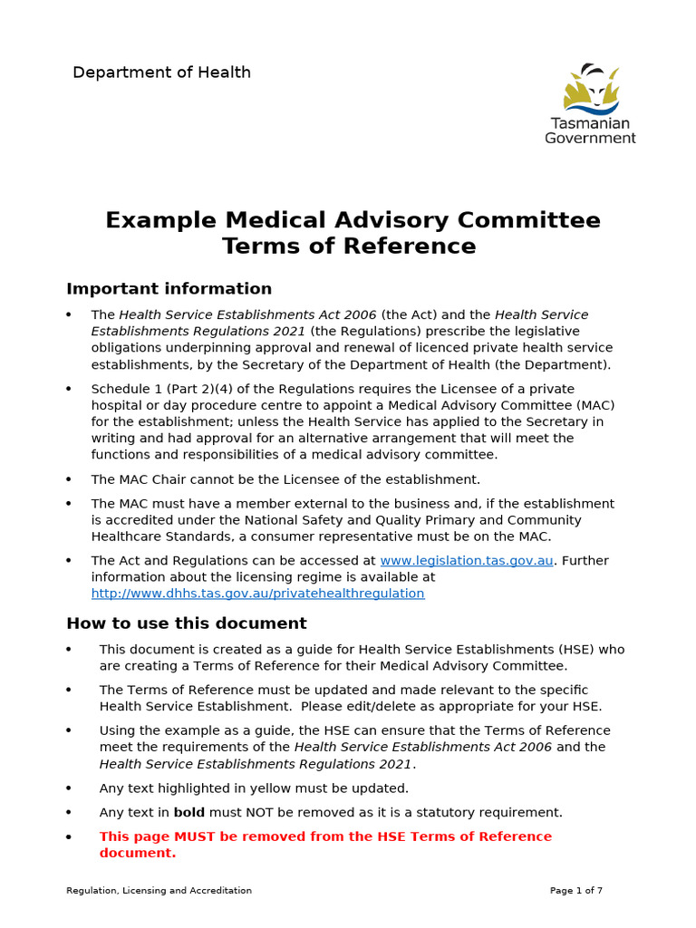 Form 2b Medical Advisory Committee Generic Terms of Reference 0 | PDF ...