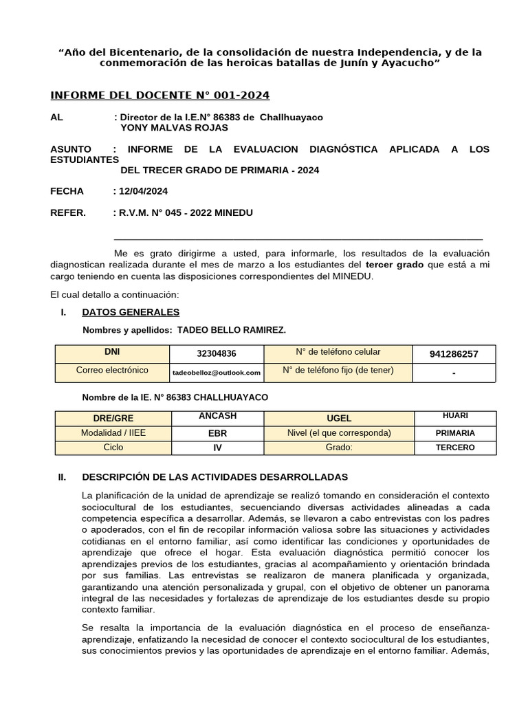 Informe Del Consolidado de La Evaluacion Diagnostica Tadeo Bello | PDF | Evaluación | Aprendizaje