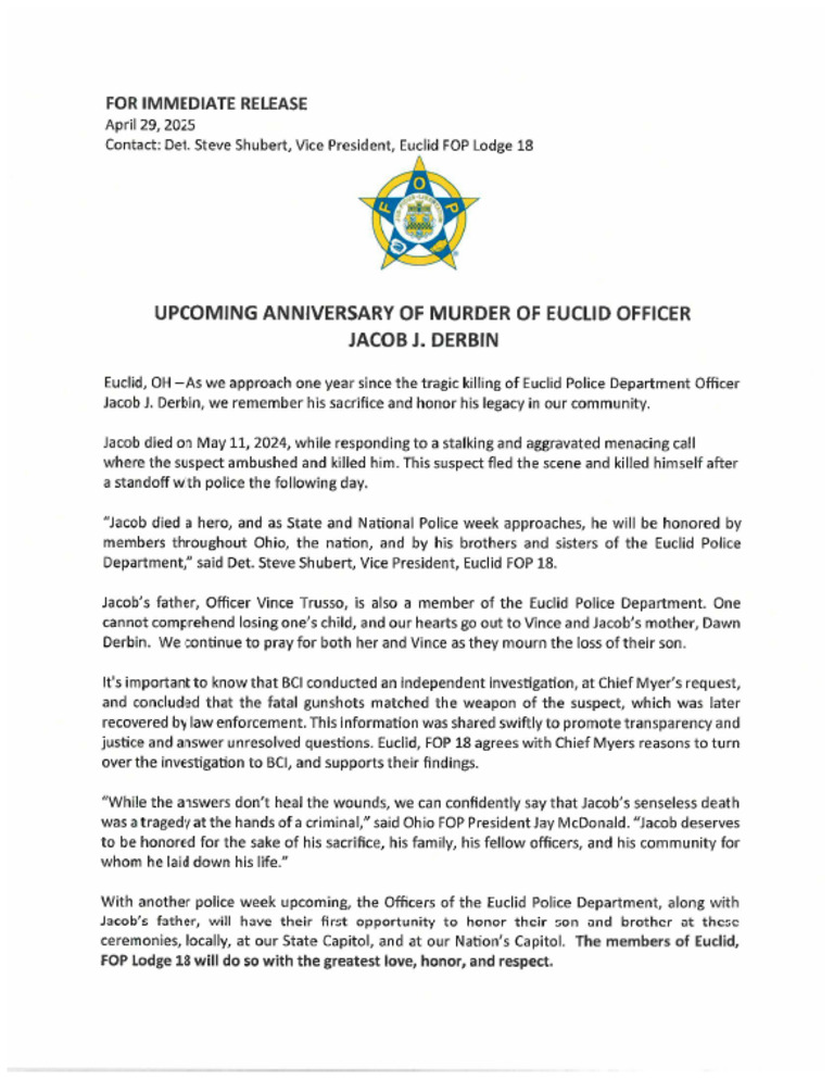 Euclid FOP 18 Press Release Jacob J. Derbin | PDF