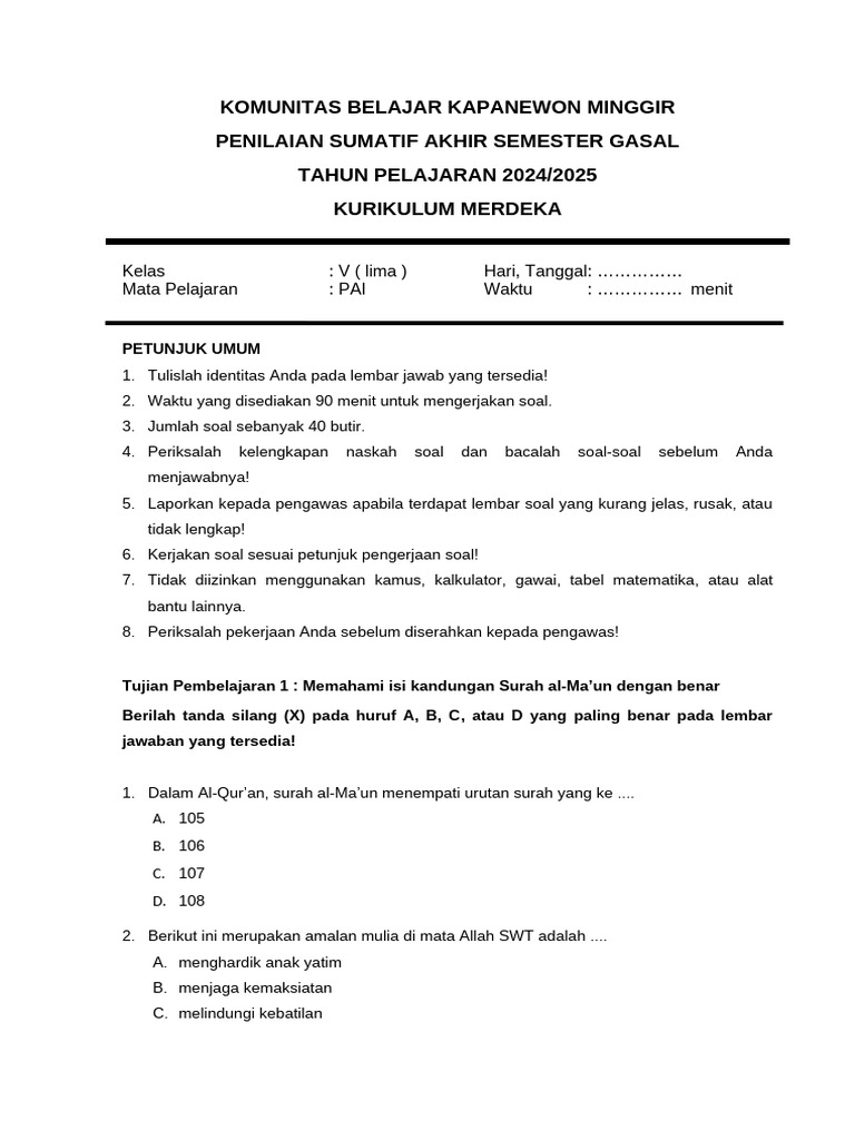 5.soal Psas Kelas V SMT I 2024-2025 | PDF