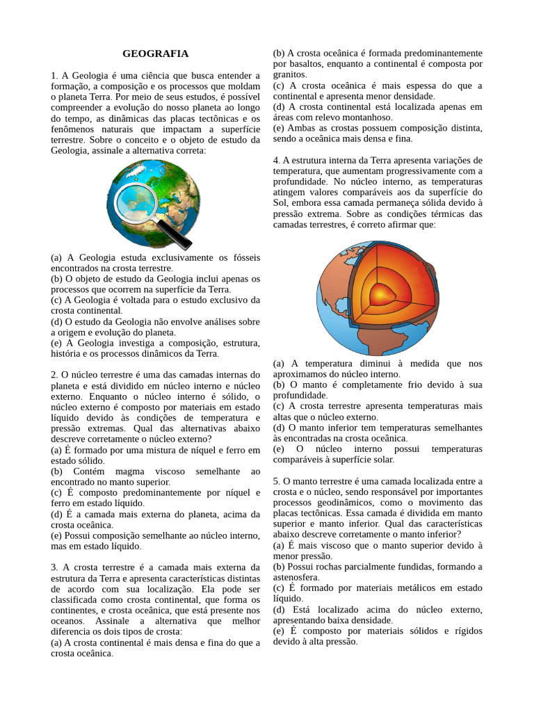 Questões de AV1 Geografia | PDF | Crosta (Geologia) | Terra
