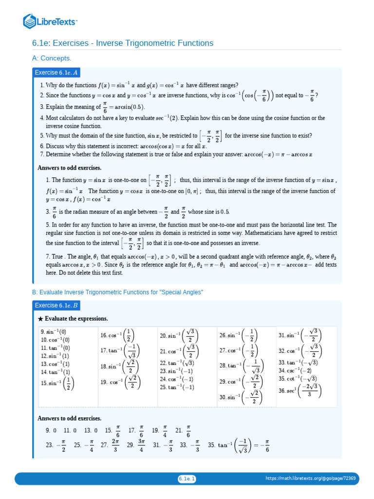 6.1e Exercises - Inverse Trigonometric Functions | PDF | Trigonometric Functions | Mathematical ...