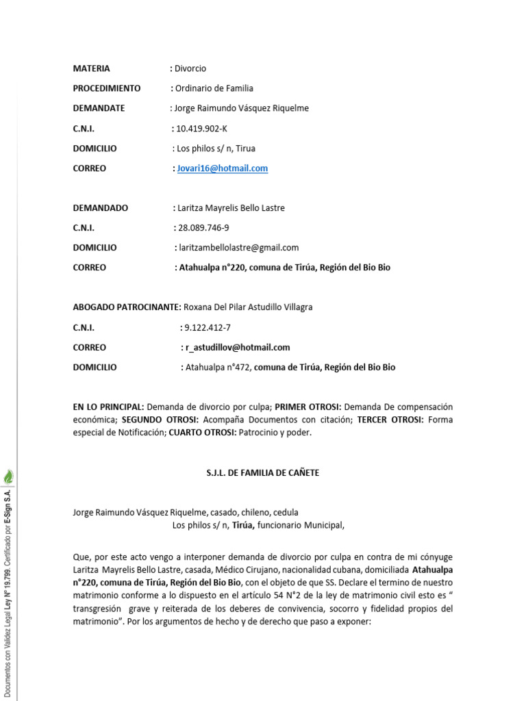 Demanda Firmada de Jorge | PDF | Divorcio | Matrimonio