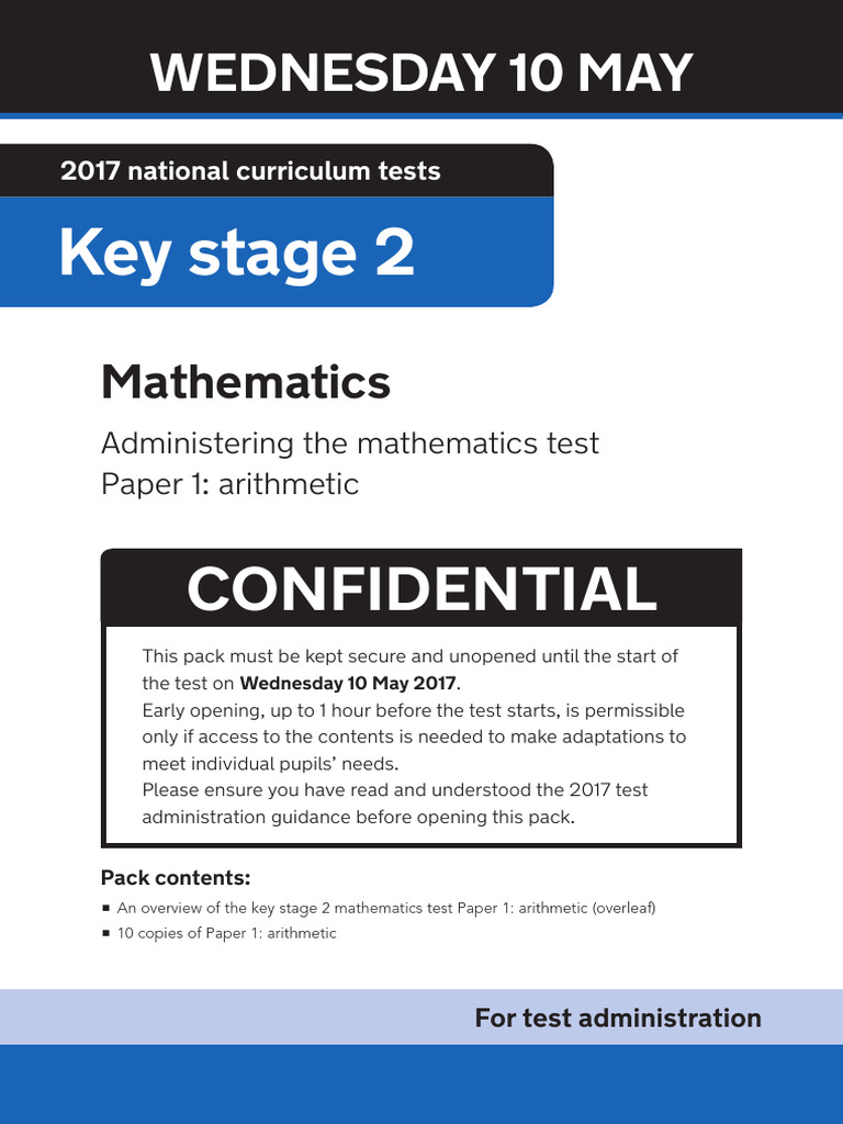 2017 Key Stage 2 Mathematics Paper 1 Arithmetic Administration | PDF