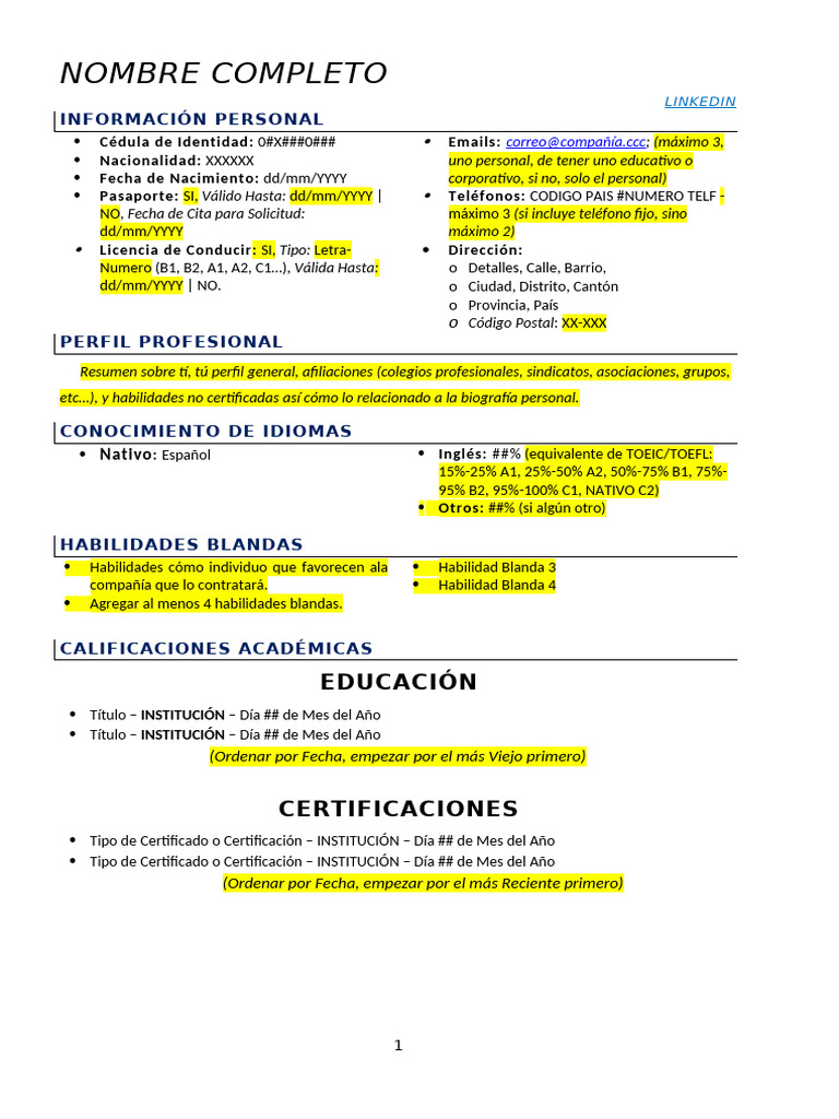 Machote Curriculum Vitae (Resumé) 2025 - Sin Portafolio Técnico, Con ...