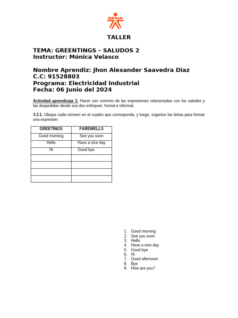 1 Taller Greetings - Saludos 2 | PDF