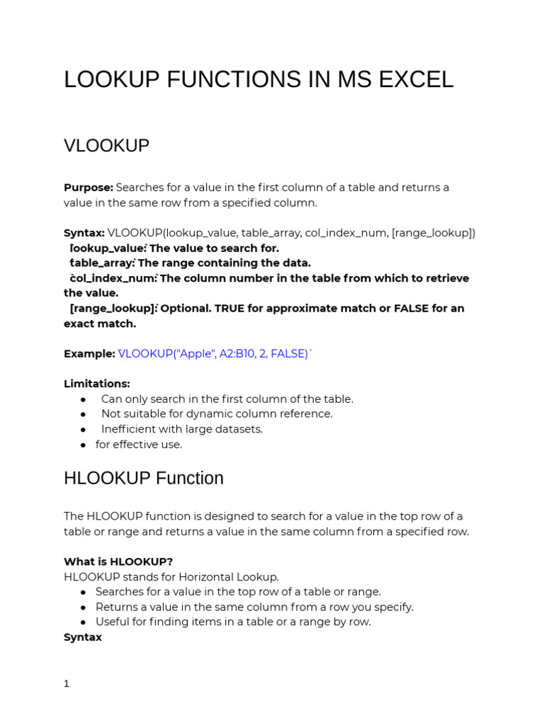Hand Out LOOKUP FUNCTIONS | PDF | Information Technology | Computer ...
