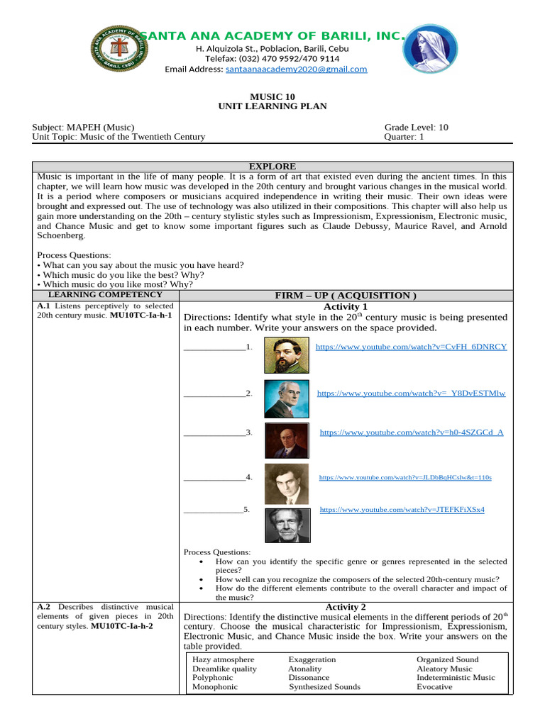 Q1 - Music 10 - Unit Learning Plan | PDF | Musical Compositions | Composers