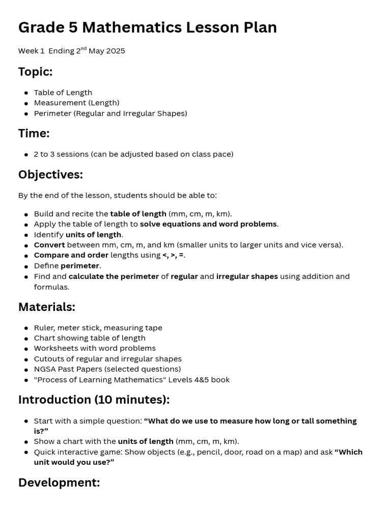 Grade 5 Mathematics Lesson Plan | PDF | Length | Shape
