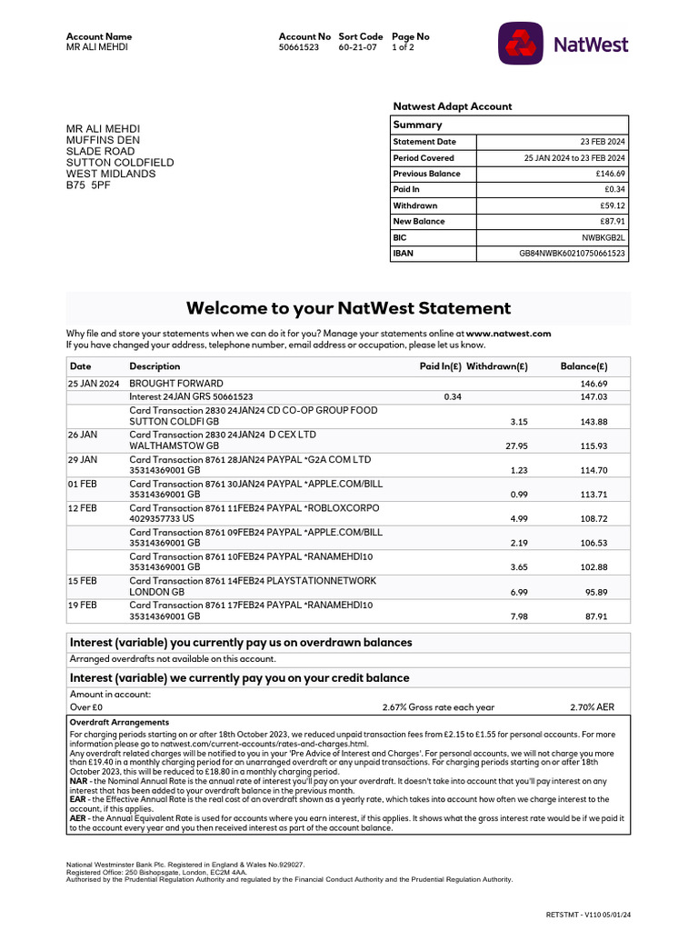 Statement--602107-50661523--25-01-2024-23-02-2024 | PDF | Overdraft | Interest