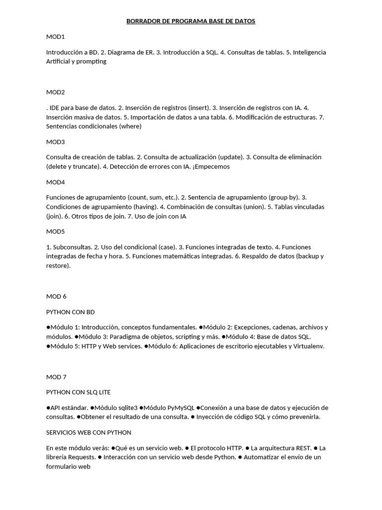 Borrador de Programa Base de Datos | PDF