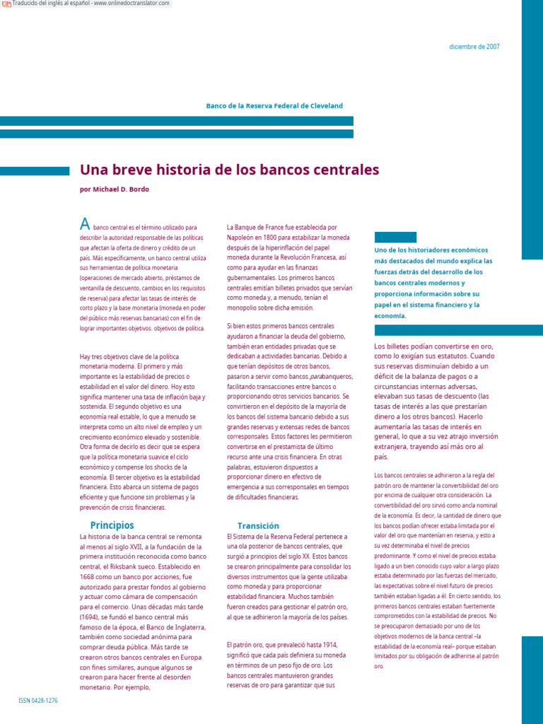 Ec 20071201 A Brief History of Central Banks PDF (1) .En - Es | PDF | Inflación | Bancos