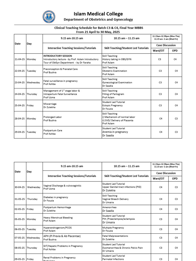 ObGyn Clinical Teaching Schedule 2025 | PDF | Childbirth | Pregnancy