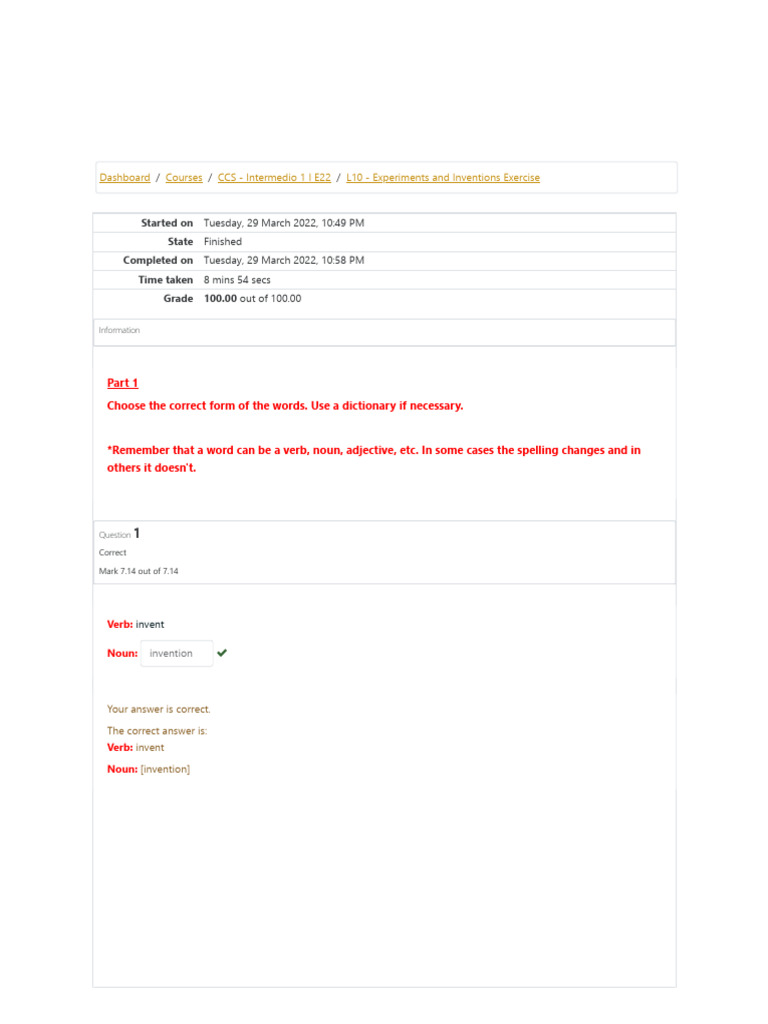 L10 - Experiments and Inventions Exercise_ Attempt review | PDF | Noun ...