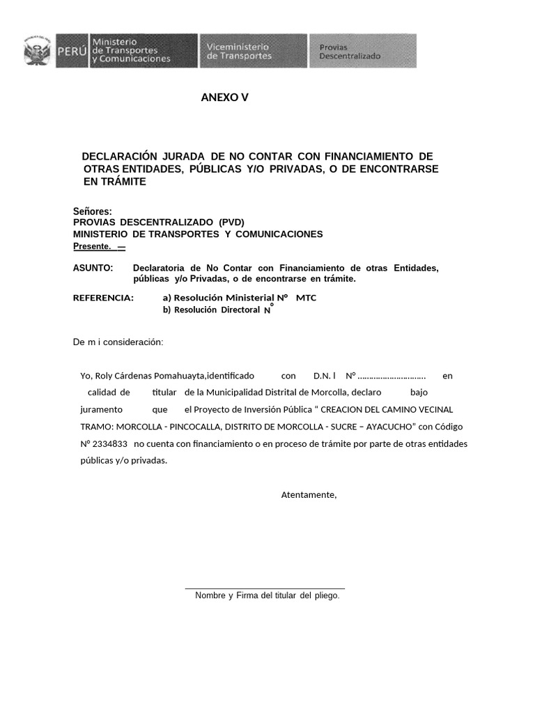 Declaración Jurada de No Contar Con Financiamiento de Otras Entidades | PDF