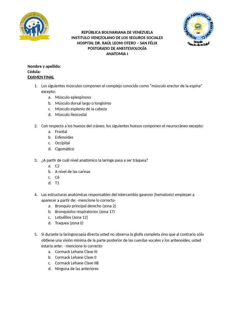 Examen Final Anatomia I | PDF | Anatomía | Cabeza y cuello humanos