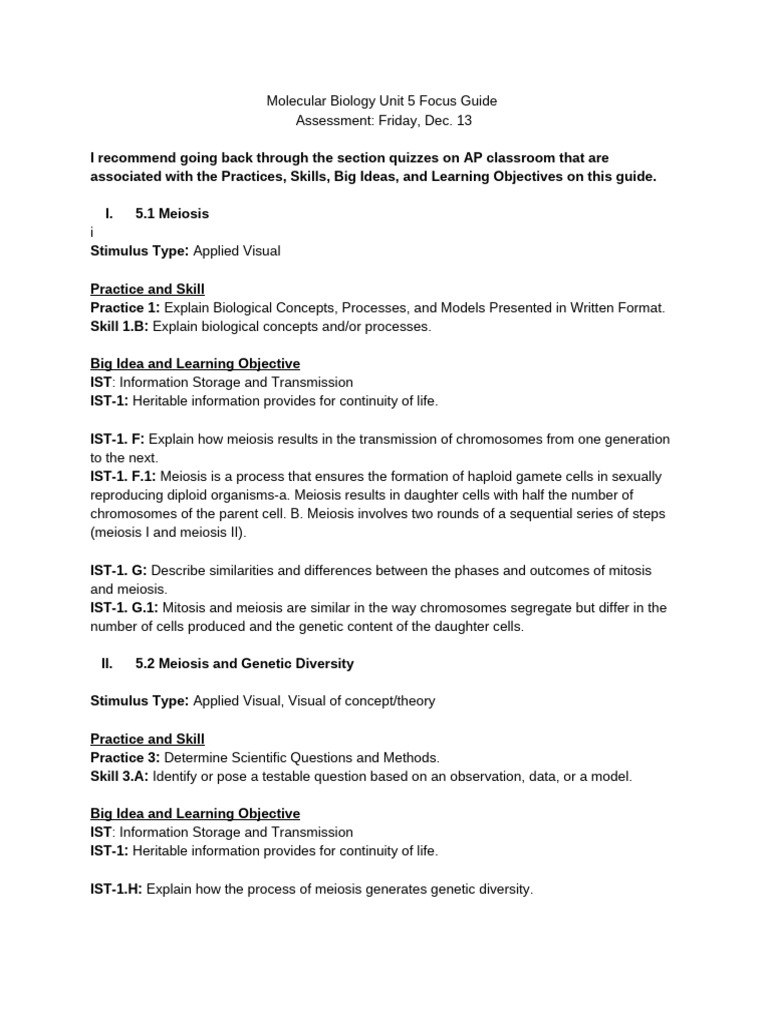 Molecular Unit 5 Exam 2022 | PDF | Meiosis | Genetics