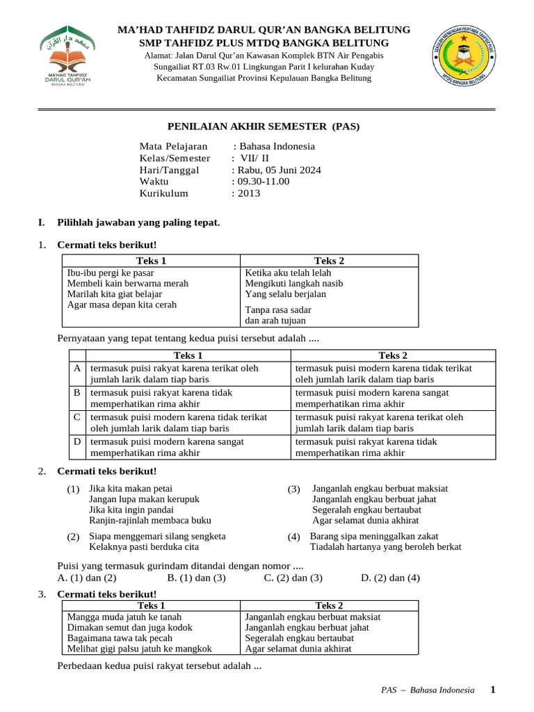 SOAL PAS B. INDONESIA KELAS 7 Sem.2 | PDF