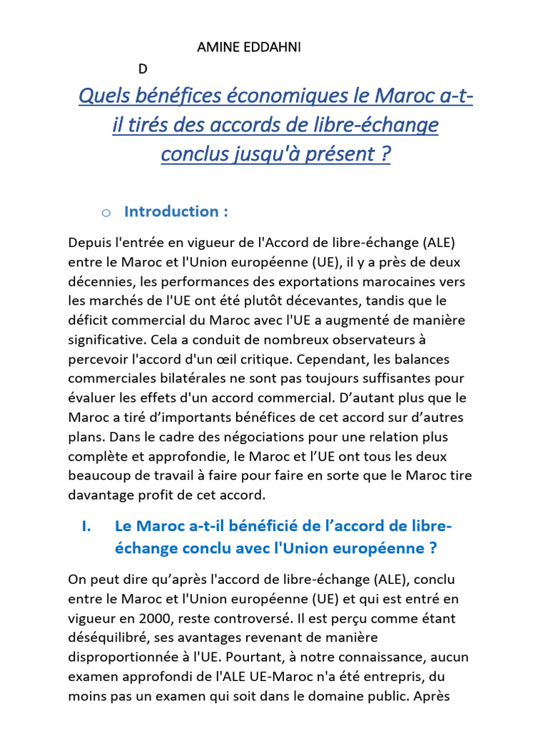 Bénéfices économiques des ALE au Maroc | PDF | Libre-échange | Union ...