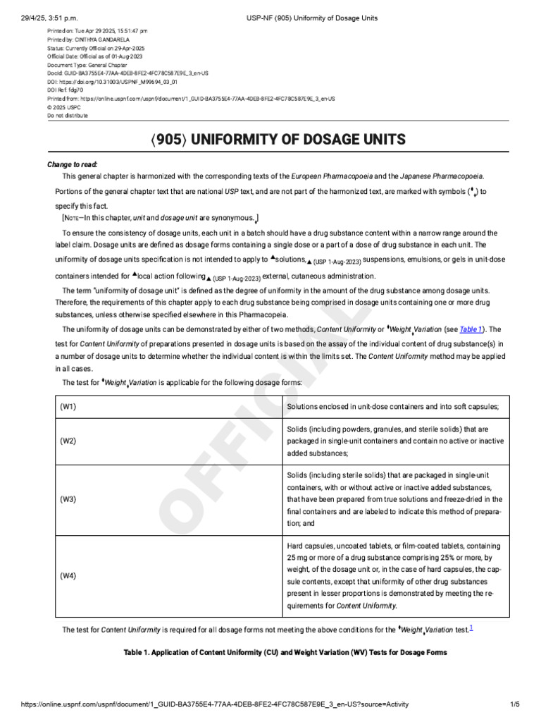 USP 905: Dosage Unit Uniformity | PDF | Tablet (Pharmacy) | Dose ...
