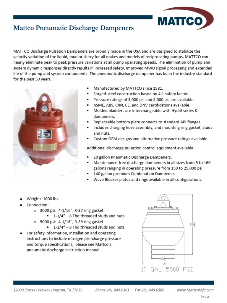 2010 MATTCO Pneumatic Discharge Dampeners 10 Gallon | PDF | Pump | Mechanical Engineering