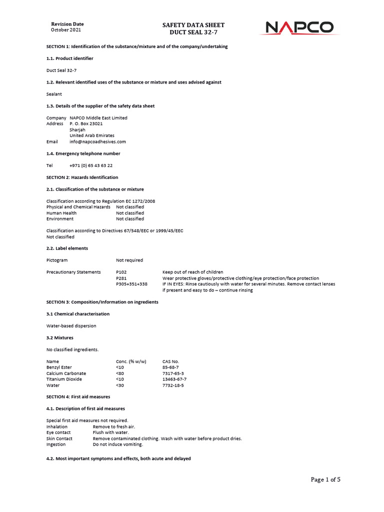 Msds Duct Sealeant Napcon | PDF | Chemical Substances | Workplace