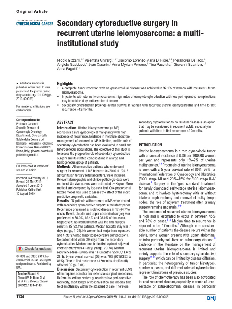 Secondary Cytoreductive Surgery in Recurrent Uterine Leiomyosarcoma - A ...