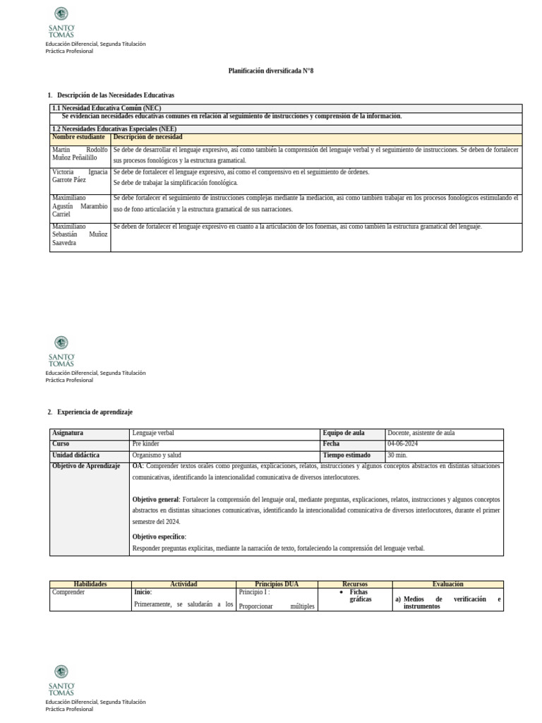 Planificación 8 Corregida | PDF | Educación especial | Aprendizaje