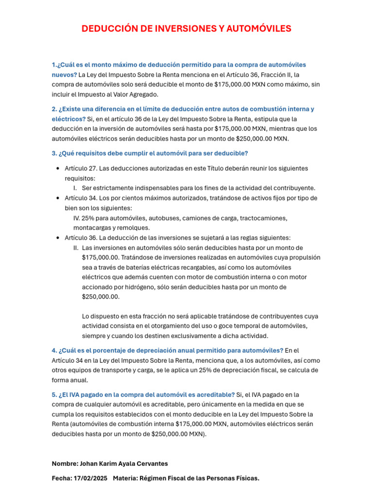 Inversiones en Automóviles - Johan Ayala | PDF | Coche | Impuesto sobre la renta