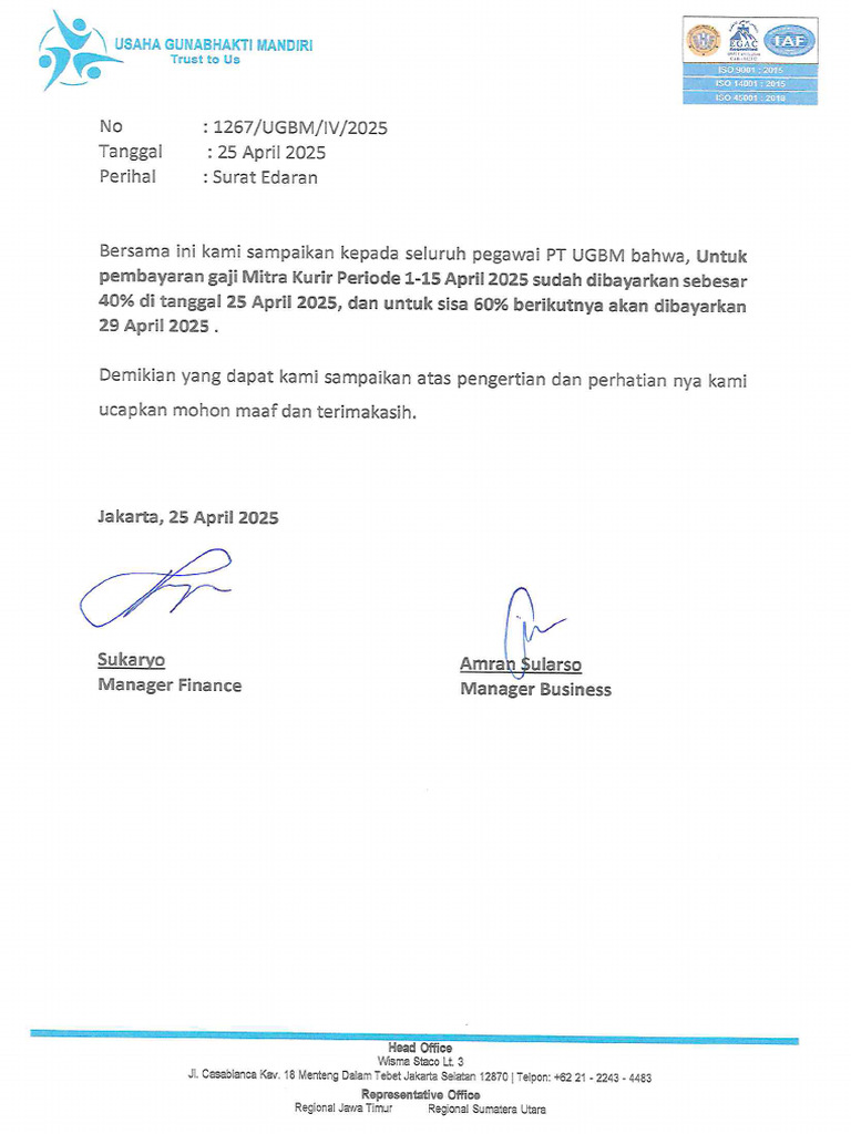 Surat Edaran Ugbm Mitra Kurir | PDF