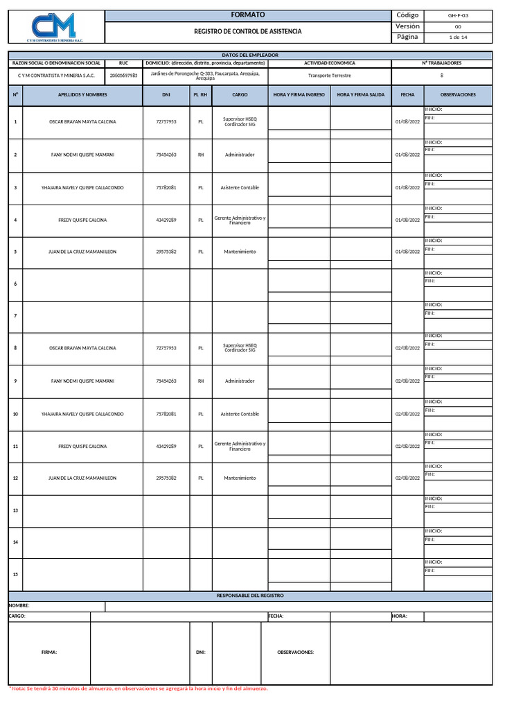 GH-F-03 Registro de Control de Asistencia - AGOSTO | PDF | Argentina | Aplicaciones de la ...