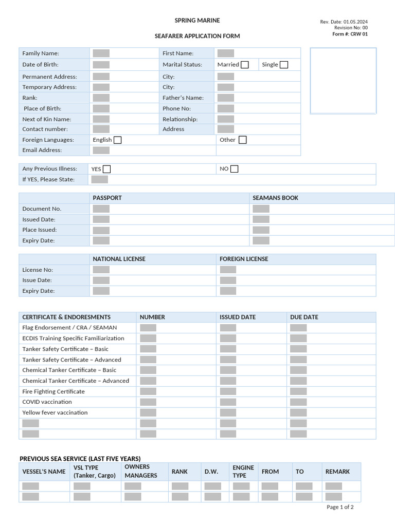 CRW 01 Seafarer Application Form | PDF | Sailor | Water Transport