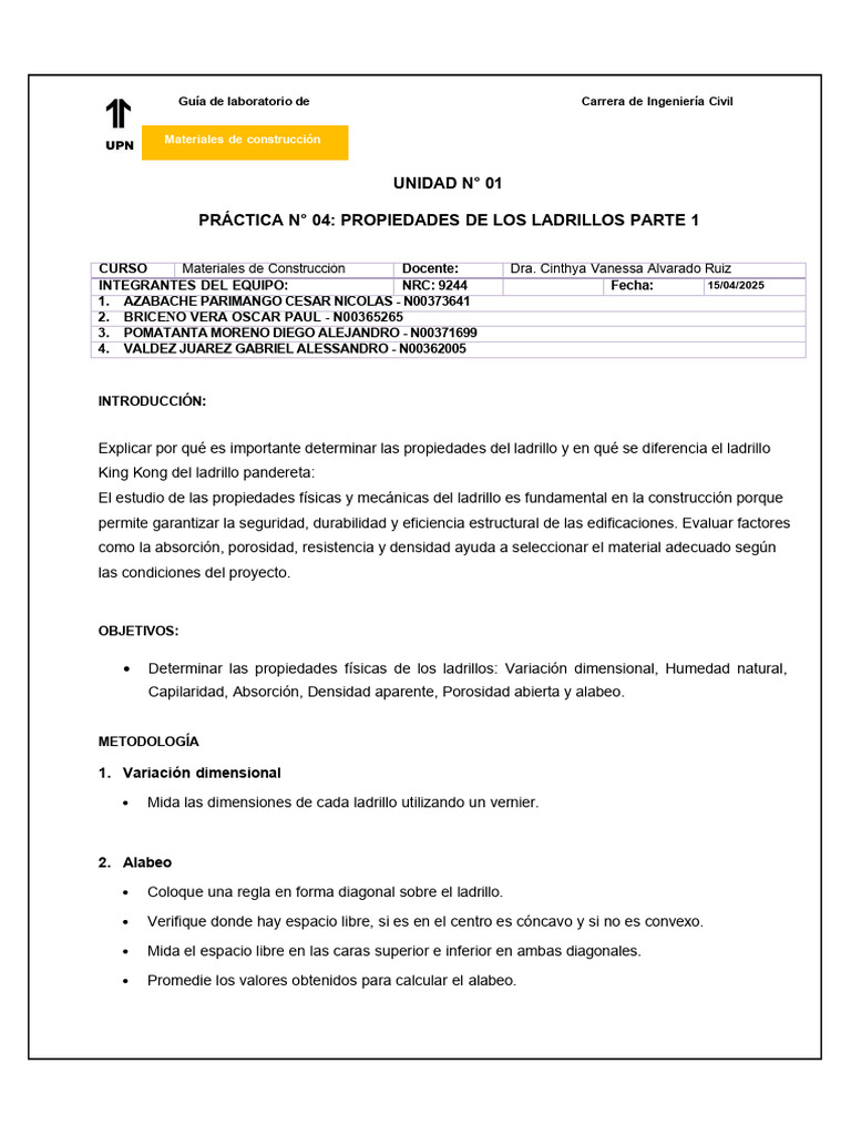 Reporte Laboratorio PL4 Prop Ladrillo | PDF | Ladrillo | Laboratorios