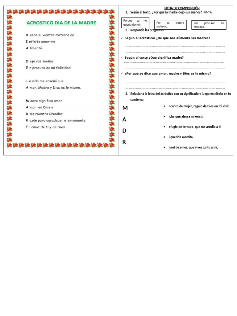 1°-Ficha de Comprensión - Acróstico A Mamá | PDF
