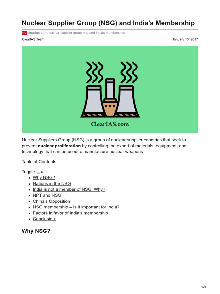 Nuclear Supplier Group NSG and Indias Membership | PDF | Treaty On The Non Proliferation Of ...