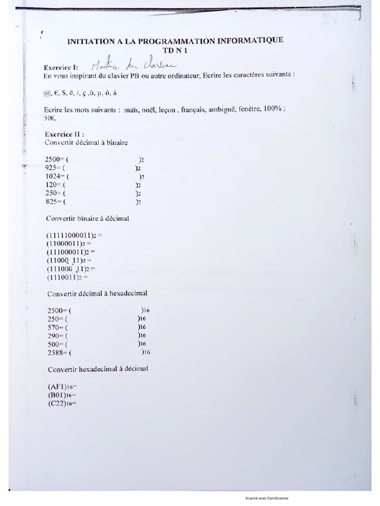TD N 1 Programmation Informatique | PDF
