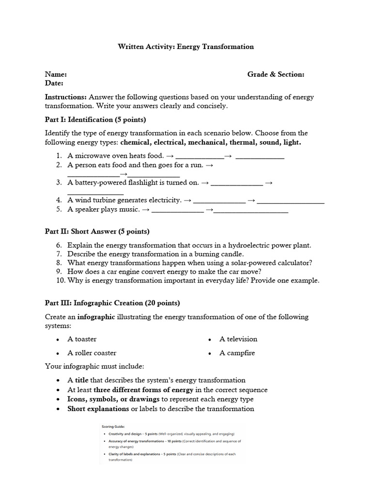 Science 9 Written Activity Energy Transformation | PDF