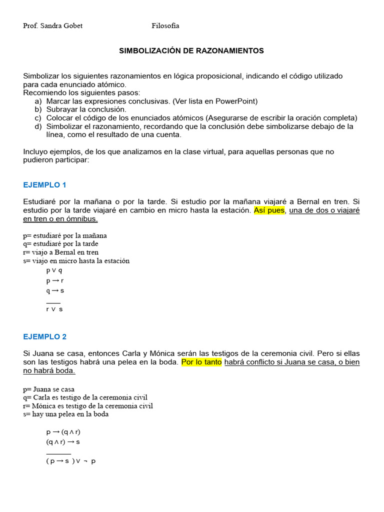 EJERCITACI-N Simbolizaci-N de Razonamientos | PDF