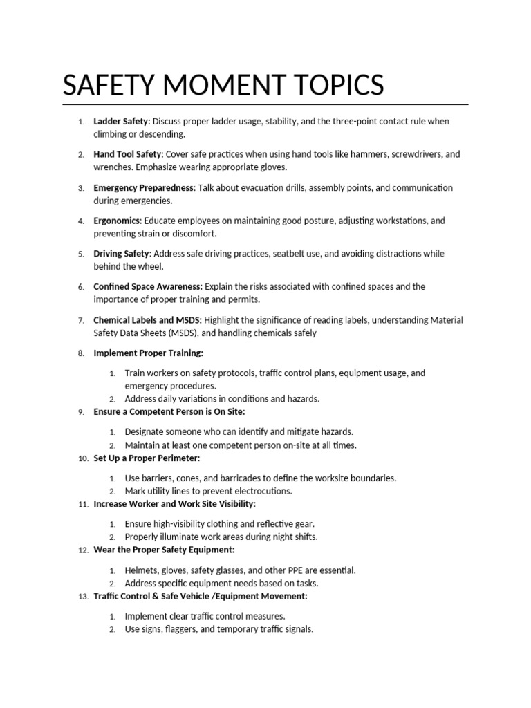 01 SAFETY MOMENT TOPICS | PDF